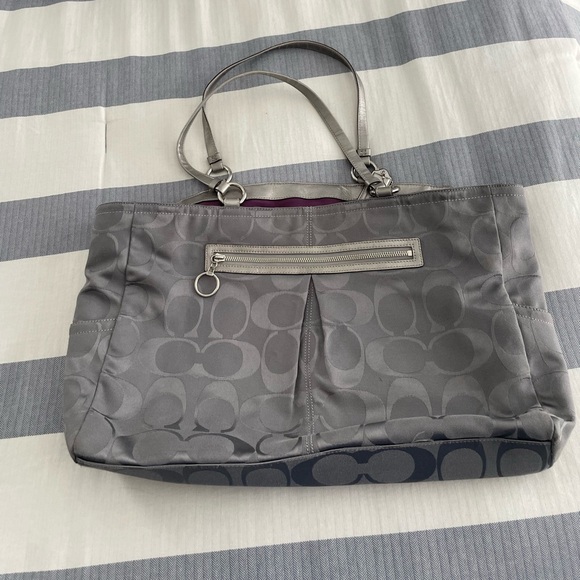 Coach | Bags | Coach Gray Signature Tote Bag With Leather Trim | Poshmark